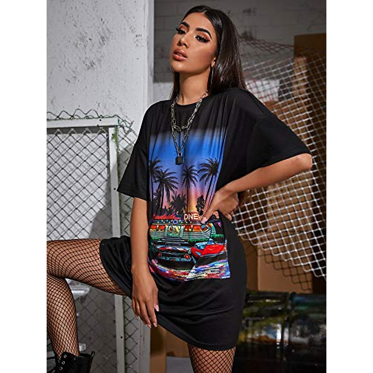 SOLY HUX Women's Casual Graphic Print Short Sleeve Loose T Shirt Dress Black L