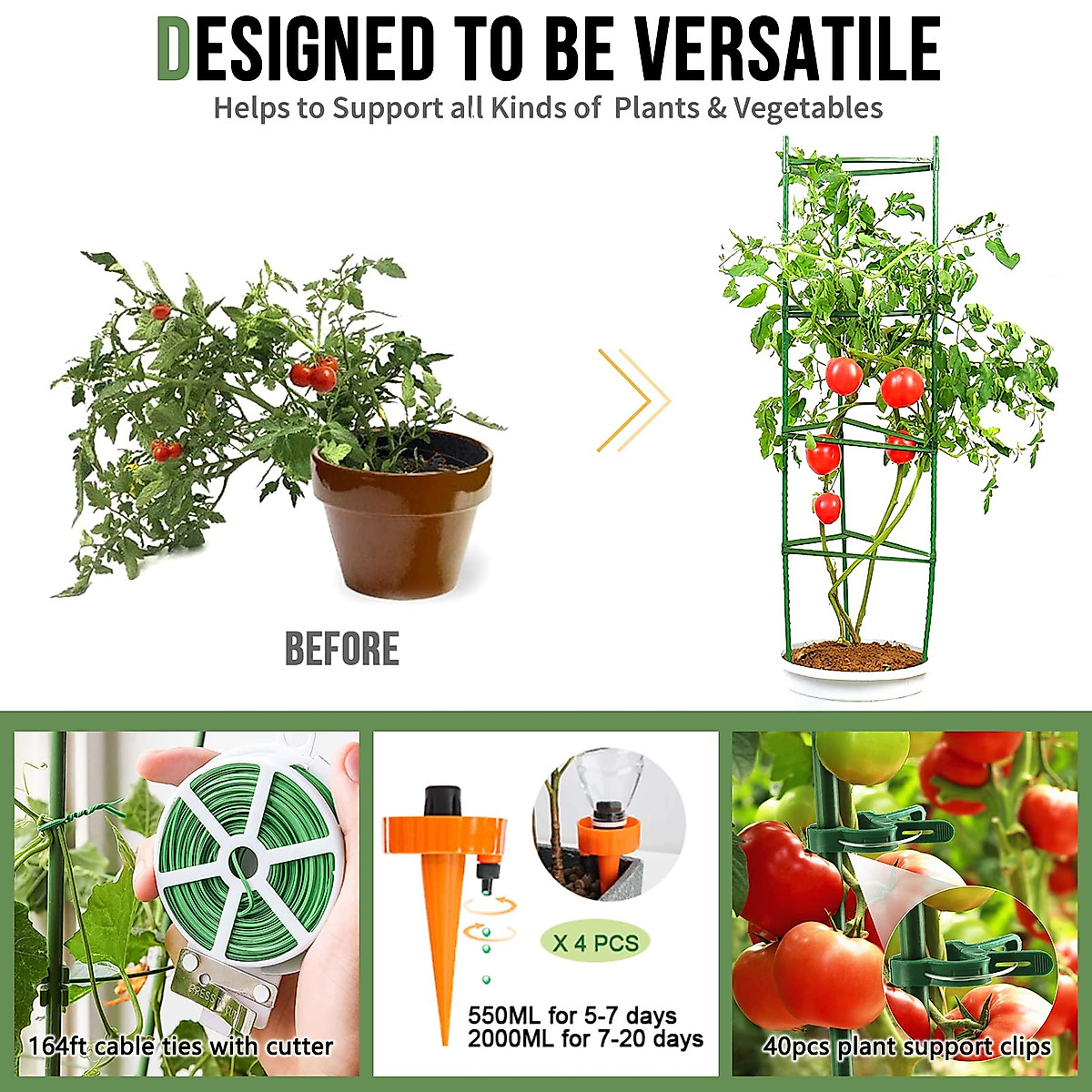 Megidok Tomato Cages - Garden Plant Stakes Support (4 Pack 49"/3 Pack 67") with 164ft Plant Ties&40Pcs Plant Clips&4 Watering Drip Devices for Climbing Plants Vegetable