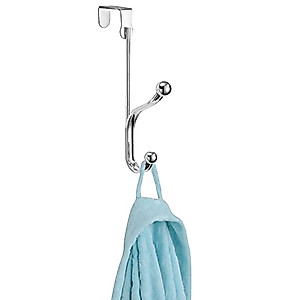 mDesign Decorative Over Door Double Hook Steel Storage Organizer Rack for Coats, Hoodies, Hats, Scarves, Purses, Leashes, Bath Towels, Robes, Clothing - 3 Pack - Chrome
