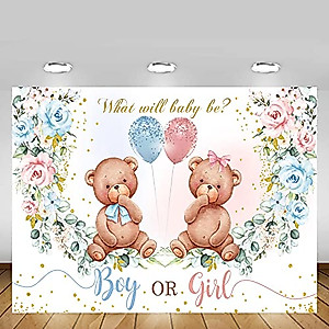 MEHOFOND 7x5ft Bear Gender Reveal Baby Shower Party Backdrop Boy or Girl Blush Pink Blue Floral Photography Background Party Decor Blue and Pink Balloons Gold Confetti Photobooth