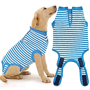 Wabdhally Dog Surgery Recovery Suit,Surgical Suit for Large Female Spay,Soft Combed Cotton,Blue Striped Zipper Onesie 3XL