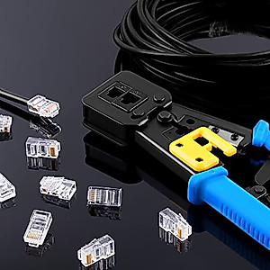 Delgada RJ45 Pass Through Crimp Tool Kit - Ethernet Crimping Tool with 50 Cat5/Cat5e/Cat6 Connectors, Network Cable Tester, and Wire Stripper for RJ45/RJ12 Regular