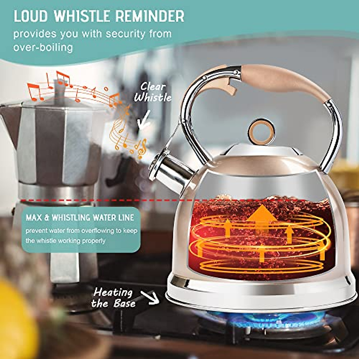 Tea Kettle - HIHUOS 3.17QT Whistling Tea Pots for Stove Top - Sleek Stainless Steel Stovetop Kettle, Easy-grip Handle With Trigger Opening Mechanism, 1 Free Silicone Pinch Mitt Included (Champagne)