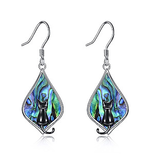 Cat Earring for Women Sterling Silver Teardrop Abalone Cat Dangle Earrings Jewelry