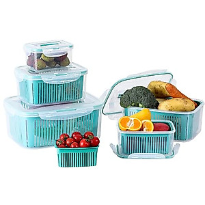 Plastic Food Storage Containers, Fresh Vegetable Fruit Storage Containers for Refrigerator, Kitchen Produce Saver Container with a Draining Basket, BPA Free (5 Pack)
