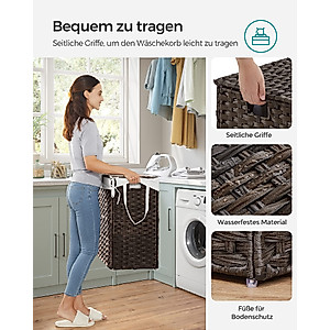 SONGMICS Handwoven Laundry Basket, 90L Synthetic Rattan Wicker Clothes Hamper with Lid and Handles (Brown)