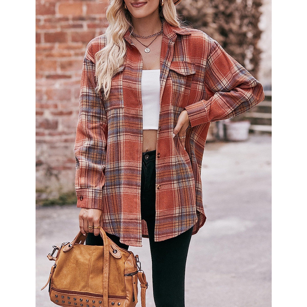 Oulivey Women Plaid Flannel Shirts Long Sleeve Oversized Button Down Boyfriend Blouse Tops (0066-Brown-XL)