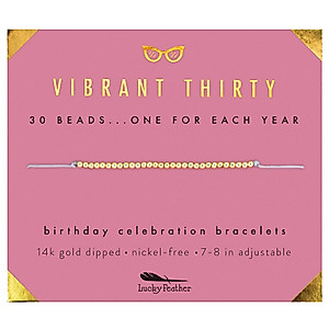 Lucky Feather 30th Birthday Gifts for Women; 30th Birthday Bracelet with 30 14K Gold Dipped Beads on Adjustable Cord; 30 Birthday Gift Ideas for Her