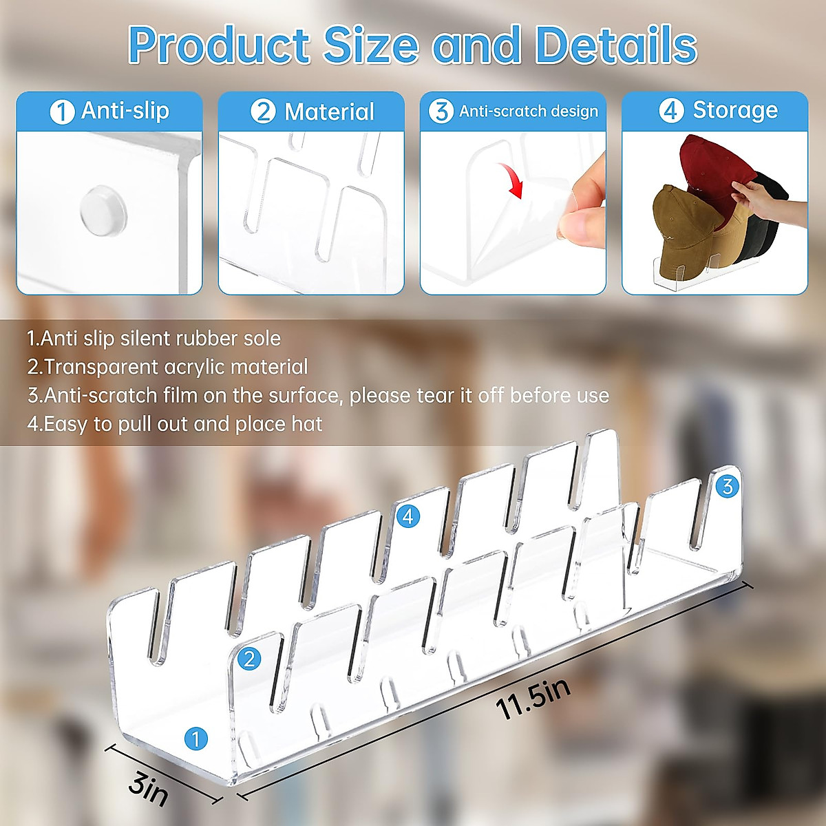 Lokuc Hat Stand for Baseball Caps Set, Contains 2 Hat Organizer, 5 Hat Rack for Wall, Holds 19 Caps, Acrylic Hat Organizer for Baseball Caps Display Suitable for Wardrobe, Dressing Table