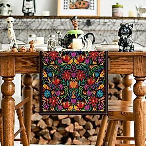 Artoid Mode Dia De Los Muertos Floral Fiesta Mexican Table Runner, Mexico Day of The Dead Kitchen Dining Table Decoration for Home Party Decor 13x72 Inch