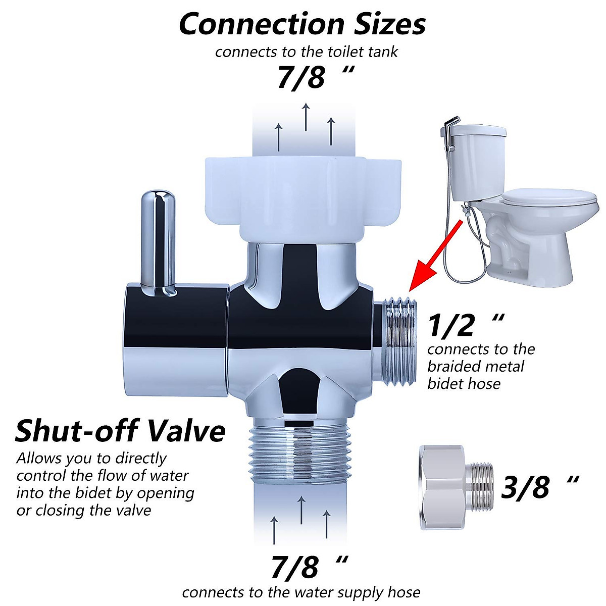 Brass Bidet T Adapter with Shut-Off Valve,3 Way 7/8 or 15/16 and 1/2 or 3/8,Metal T Valve for Bidet,Toilet Tee Connector Diverter Valve