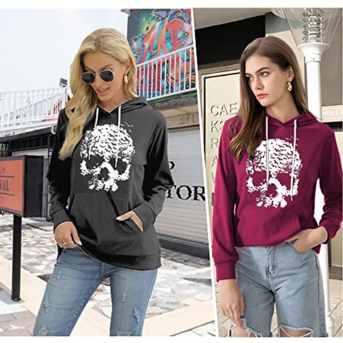 Calvin&Sally Women's Casual Lightweight Hoodies Long Sleeve Skull Graphic Tee Shirts Drawstring Pullover Hoodie Sweatshirts Tops with Pocket (Grey,XL)