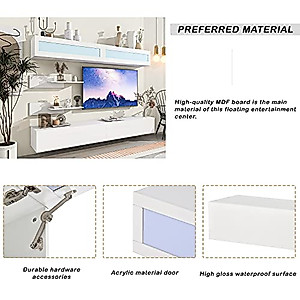 Merax Wall Mount Floating TV Stand with Four Media Storage Cabinets and Two Shelves, Modern High Gloss Entertainment Center for 95+ Inch Television, 16-Color RGB LED Lights for Living Room, White