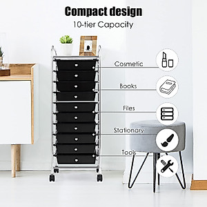 GOFLAME Rolling Drawer Cart with 10 Drawers, Utility Storage Organizer Cart with Wheels and Metal Frame, Art Cart for Office, School, Home, Black