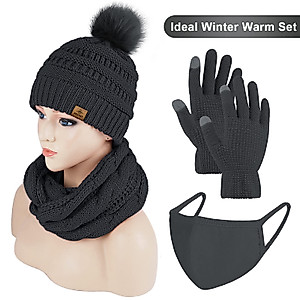 URATOT Winter Warm Knitted Sets Beanie Pompom Hat Scarves Winter Touchscreen Gloves Scarf Set for Men Women