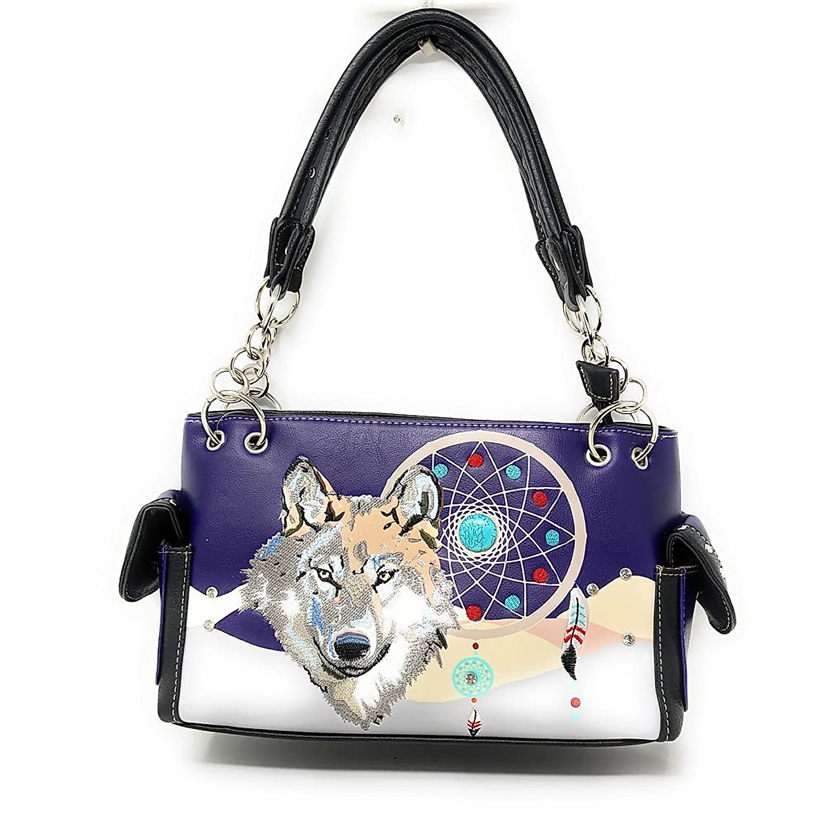 Western Wolf Dream Catcher Embroidery Feather Conceal Carry Women Handbag Purse in 5 colors (Black Wallet)