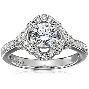 Amazon Essentials Sterling Silver Platinum Plated Infinite Elements Cubic Zirconia Framed Halo Antique Ring, Size 6, (previously Amazon Collection)