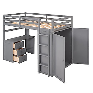 Harper & Bright Designs Twin Size Loft Bed Solid Wooden Loft Bed Frame with Drawers,Desk,and Wardrobe & Safety Guardrail for Kids, Boys and Girls,Teens, No Box Spring Needed (Grey)