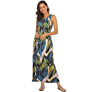 Hount Ladies Summer Dresses Clothing Women's Summer Casual Sexy Sleeveless Long Maxi Dress with Pockets Leaf Print L