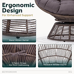 Bme 40" Ergonomic Wicker Papasan Chair with Soft Thick Density Fabric Cushion, Bee-Designed Base, High Capacity Steel Frame, 360 Degree Swivel for Living, Bedroom, Reading Room,...