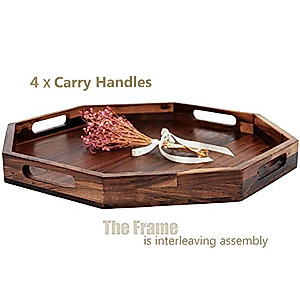 MAGIGO 20 Inches Extra Large Octagonal Black Walnut Wood Ottoman Tray with Handles, Serve Tea, Coffee Classic Wooden Decorative Serving Tray
