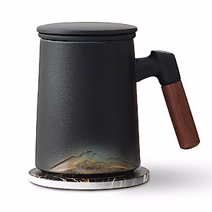 Ochcahser Tea Cup with Infuser and Lid, 15.2 Ounces Artistic Mountain Embossed Ceramic Tea Mug with Absorbent Coaster for Loose Leaf Tea, Ergonomic Bamboo Handle Tea Steeping Mug for Tea Lovers