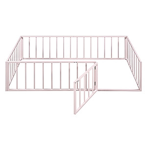 Acosure Twin Size Metal Floor Bed Frame with Fence and Door, Versatile Montessori Beds,No Box Spring Needed,Easy to Install,for Kids,Boys,Girls,Pink