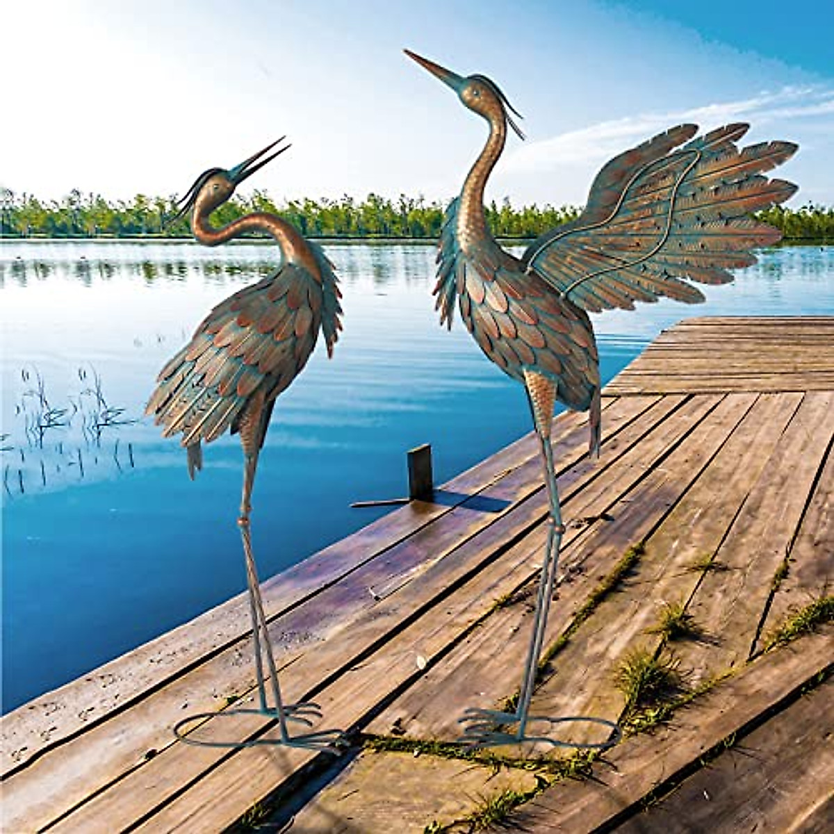 Oritty Crane Statues for Garden Decor, Metal Yard Art Heron Garden Statues, Standing Garden Sculptures & Statues for Yard Decorations Outdoor, 38-42 Inch Set of 2, Copper