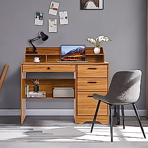 Computer Desk with 4 Drawers and Storage, Small Office Desk with File Drawers and Hutch, Farmhouse Wood Writing Student Table for Home Office, Bedroom, Rustic Brown