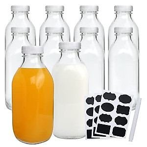 Datttcc Glass Milk Bottles,33 OZ Milk Containers for Refrigerator with Plastic Lids,Glass Water Bottles for Milk, Yogurt, Smoothies, Kombucha, Water (10 pack)
