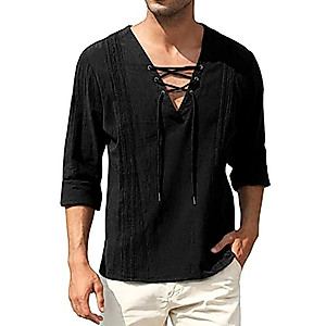 TURETRENDY Men's Cotton Linen Henley Shirt Lace Up Long Sleeve V Neck Casual Beach Hippie Shirts Black 3XL