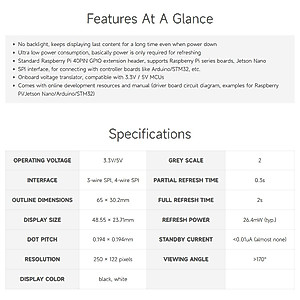 waveshare 2.13inch E-Ink Display HAT V4 Version Compatible with Raspberry Pi Raspberry Pi 5/4B/3B/Zero/Zero W/Zero 2W/Pico/Pico W/Pico WH, 250x122 Resolution SPI Interface Supports Partial Refresh