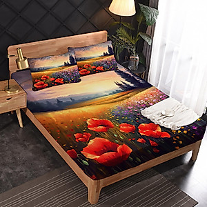 Red Poppy Sheets Full Size Sheet Sets - Poppies Flower Bed Sheets, Soft Microfiber & Deep Pocket & Wrinkle Free Patterned Bedding Sheets & Pillowcases, 1 Fitted Sheet, 1 Flat Sheet, 2 Pillow Cases