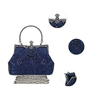 UBORSE Women's Embroidered Beaded Clutch Bag Sequin Evening Navy Blue Large Wedding Party Purse Vintage Bags