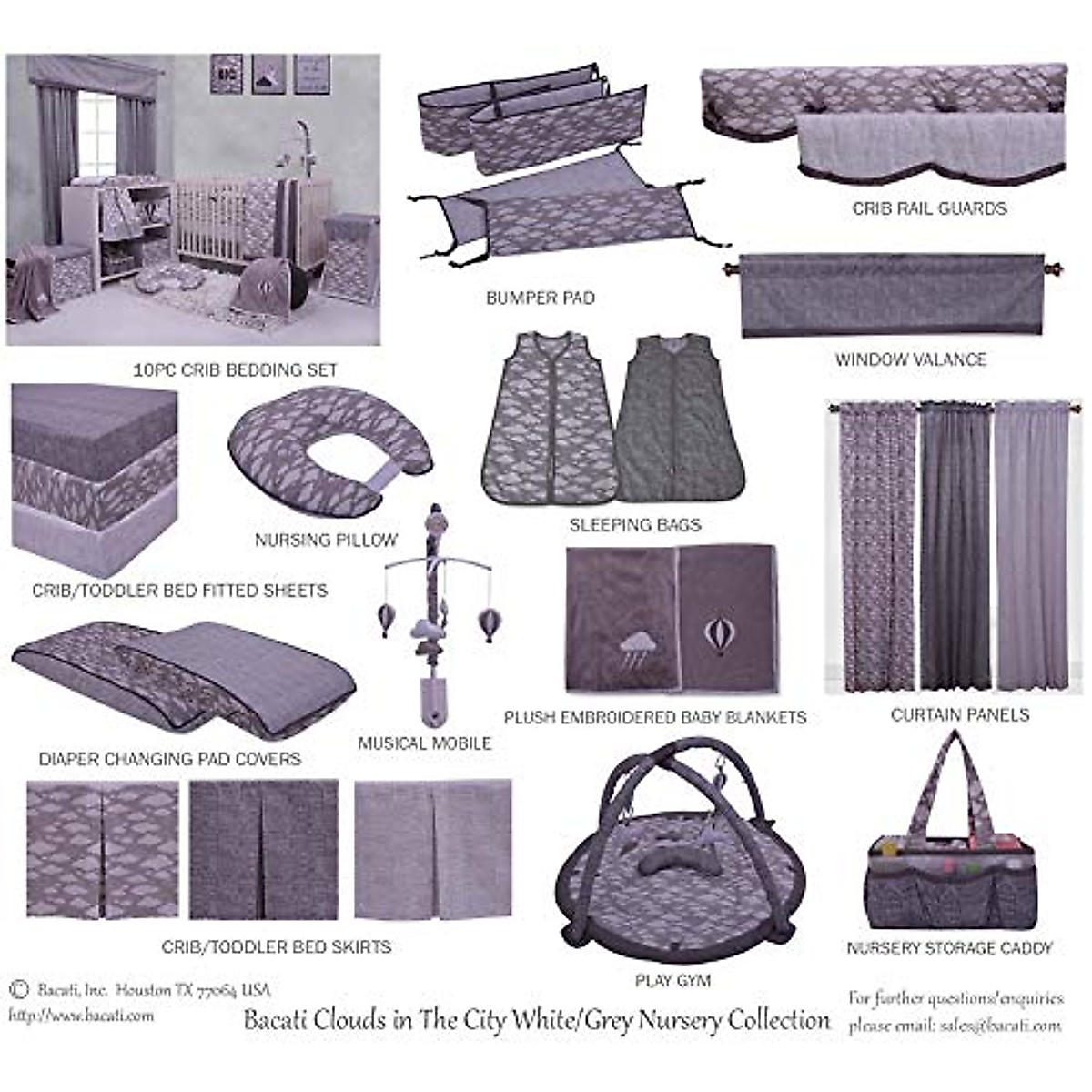 Bacati Clouds in The City Baby Play Gym with Mat, White/Grey