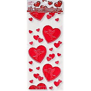 Valentine Cellophane Bags 100 Pack with Twist Ties Valentines Favor Treat Gift Goodie Cello Bags for Party Candy Cookies , 4 Assorted Styles