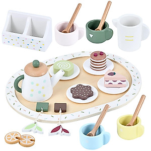 WHOHOLL Wooden Tea Party Set for Little Girls Play Food, Toddler Girl Toys Play Kitchen Accessories with Teapot Tea Cup Dessert Toys 4 Set Playset- Pretend Play Set for Toddlers 1 2 3 5