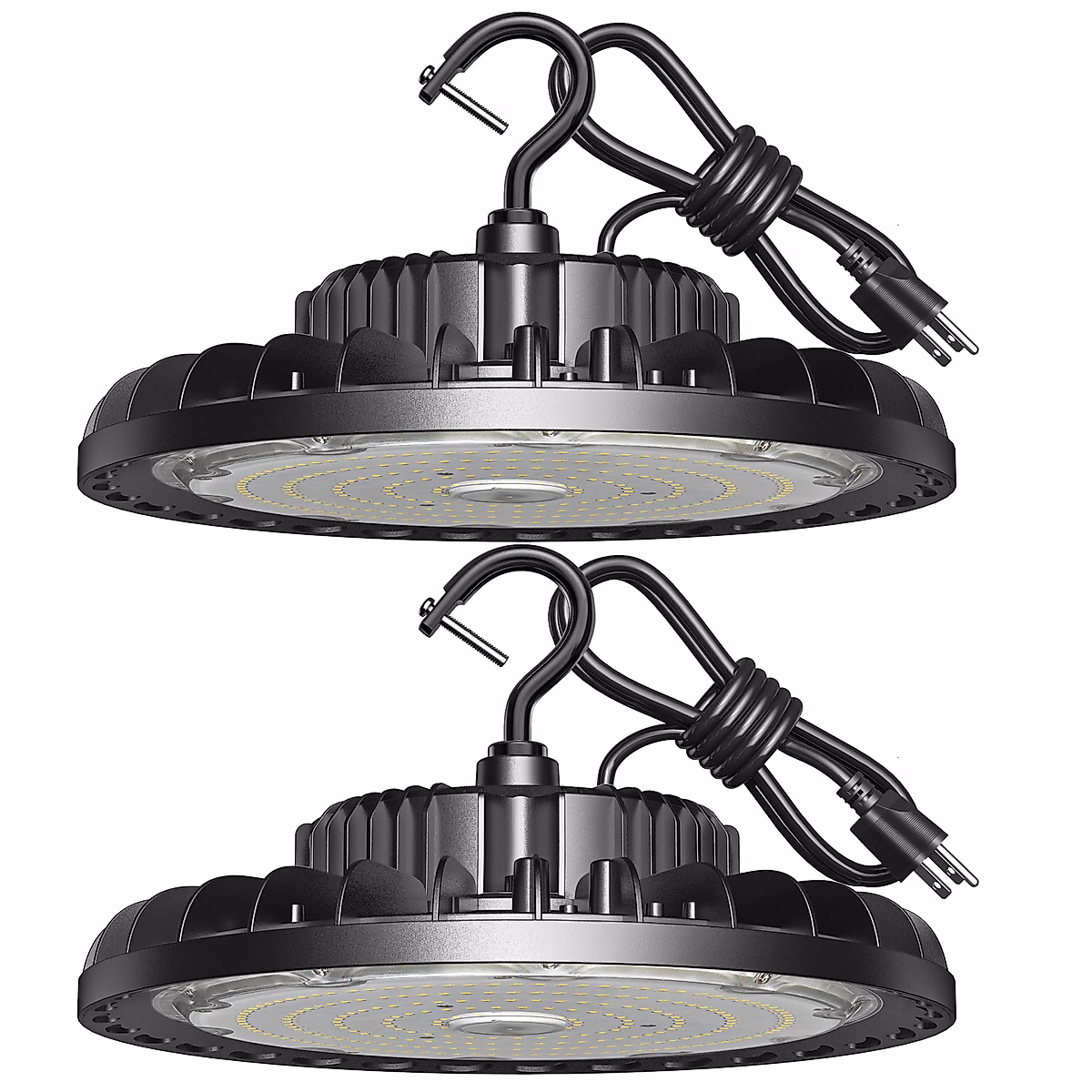 SHINEWOO LED High Bay Light 150W 21,000lm 5000K Daylight 600W MH/HPS Equivalent with US Plug 5’ Cable Waterproof UFO Commercial Warehouse Workshop Garage Factory Area Lighting Fixture, 2 Pack