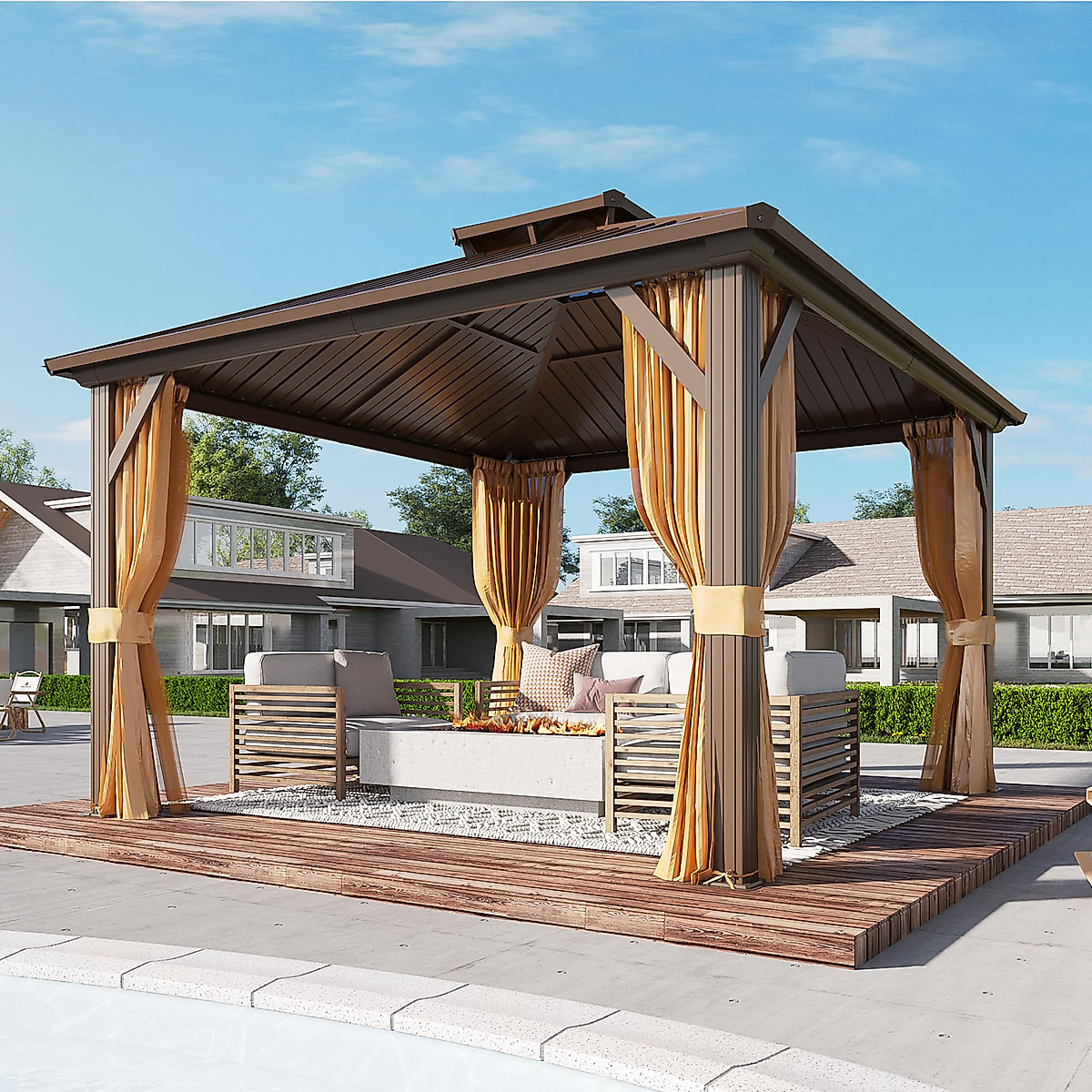 YOLENY 12' x 12' Gazebo, Hardtop Gazebo with Aluminum Frame, Double Galvanized Steel Roof, Curtains and Netting Included, Metal Gazebos Pergolas for Patios, Garden, Lawns, Parties