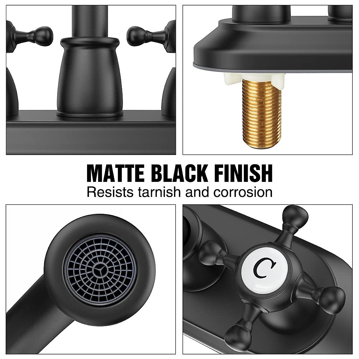 Bathroom Faucet 3 Hole, GOWIN Bathroom Faucet Matte Black,Bathroom Faucets for Sink 3 Hole,Bathroom Sink Faucet,4 Inch 2- Handle Sink Faucet with 360 Swivel Gooseneck,Drain Assembly