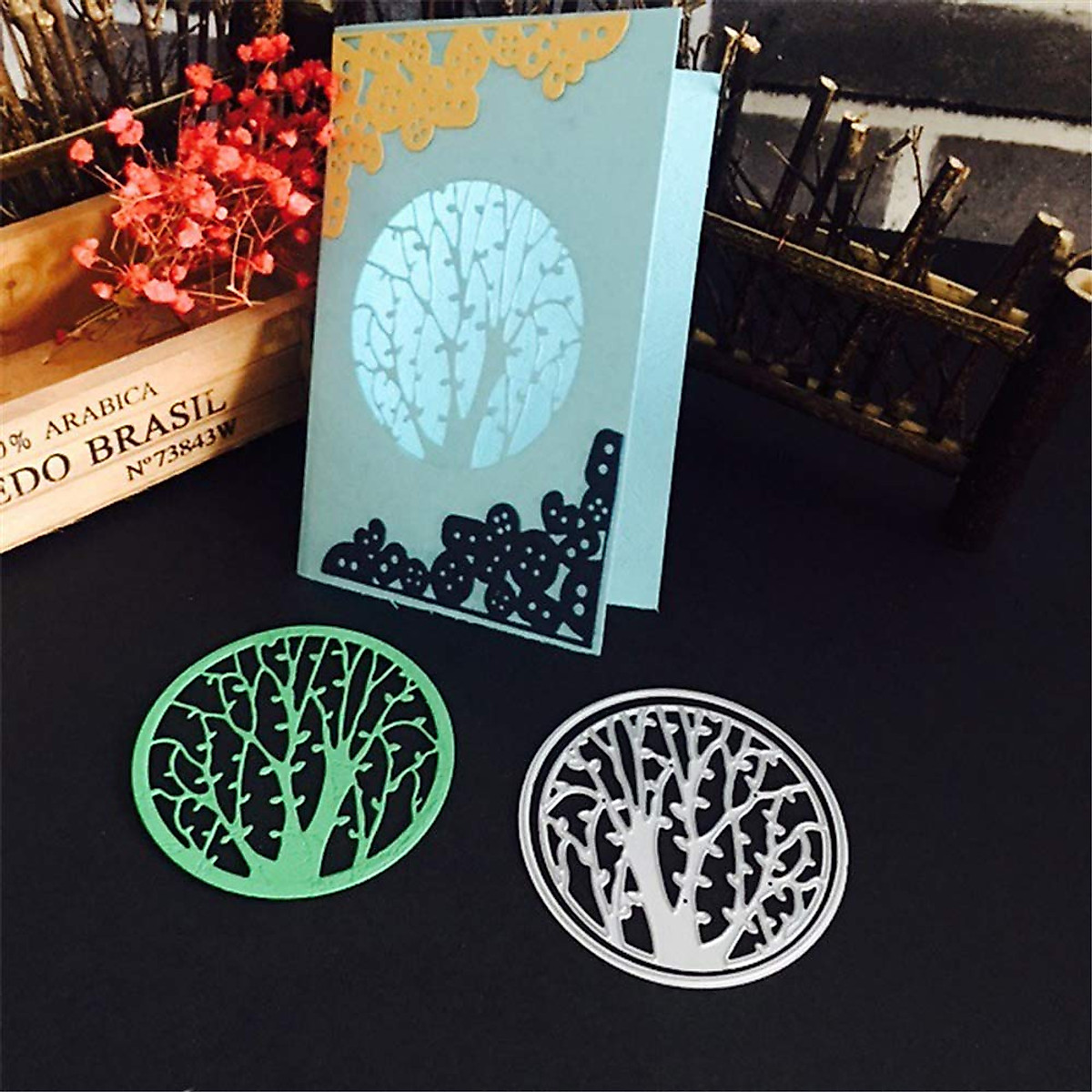 3.3 by 3.3 Inches Circle Tree Embossing Metal Cutting Dies Round Frame Embossing Stencil Background Dies for Card Making Scrapbooking Christmas Die Cuts (#30)