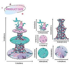 Ayearparty 3 Tier Cupcake Stand Mermaid Theme Table Decorations Cardboard Mini Cake Stand Holder Dessert Tower Round Serving Tray Under The Sea Baby Shower Birthday Party Supplies