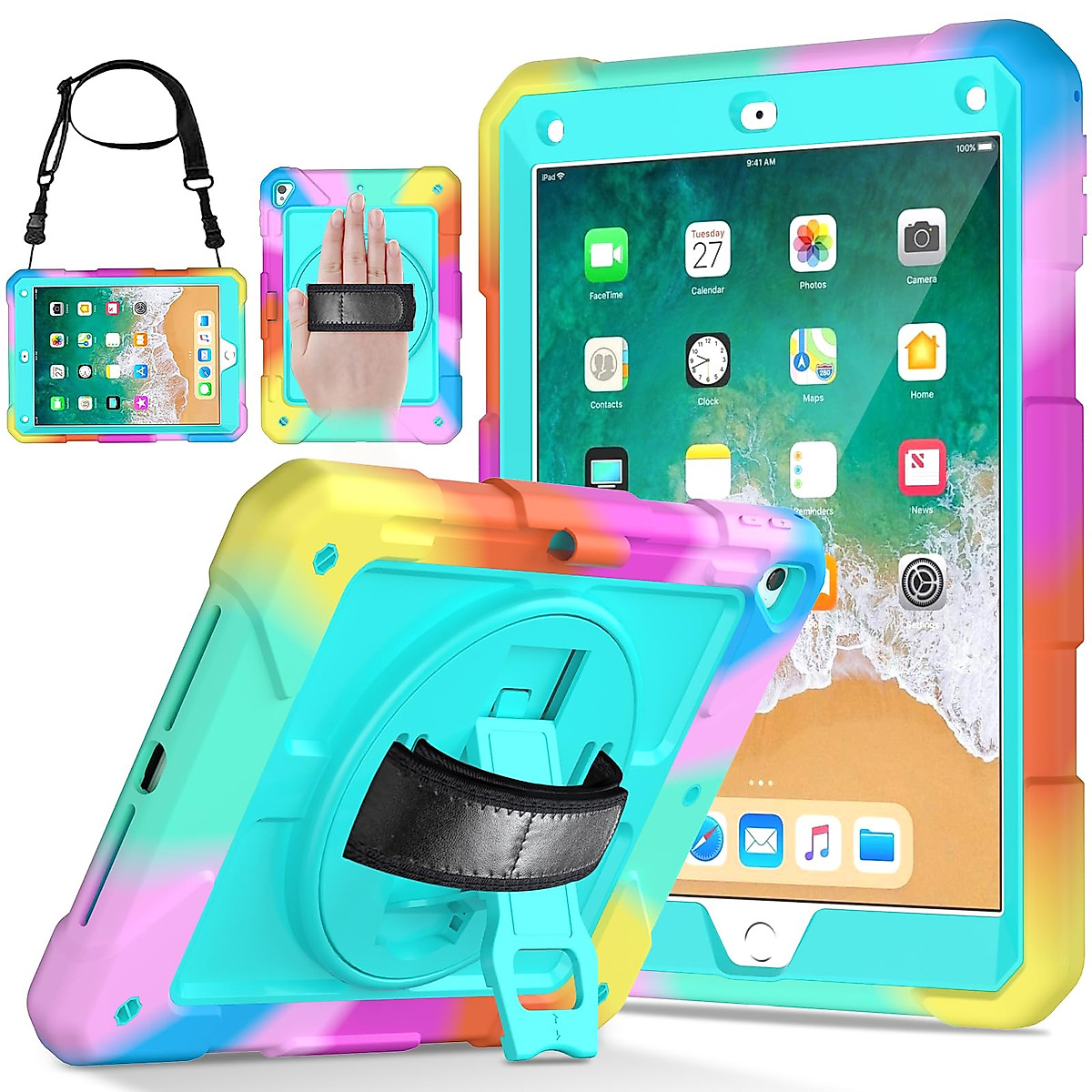 LTROP Protective Cover Case for iPad 6th/ 5th Generation & iPad Air 2 Case, iPad 9.7 Inch Case with Shoulder Strap Pen Holder Swivel Stand, Aqua Teal
