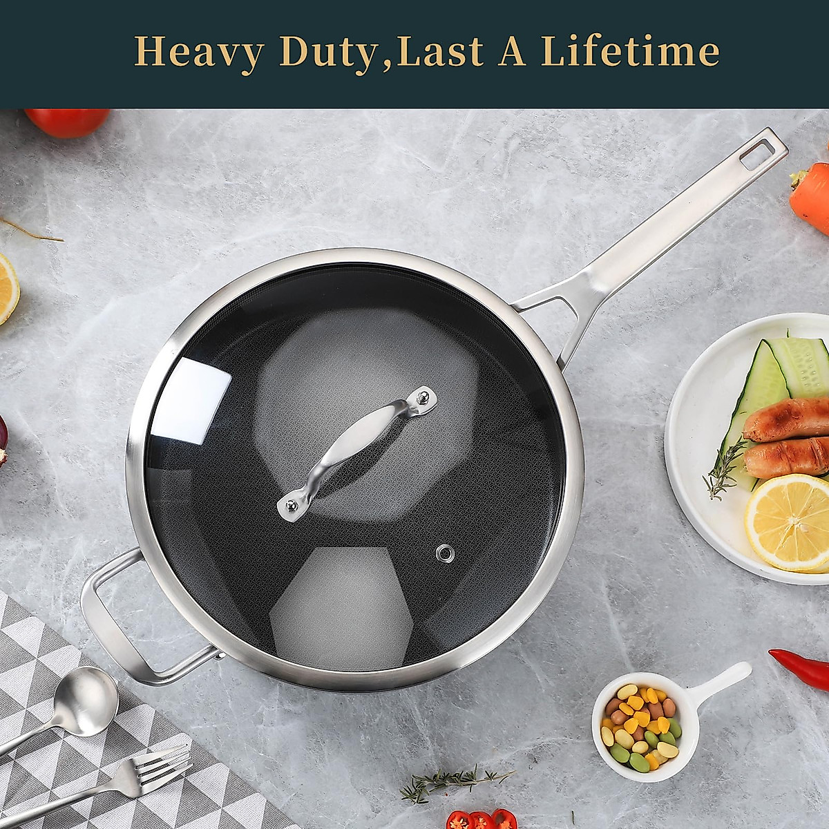 Saute Pan with Lid 5 Quarts,12.5 Inch 18/10 Tri-Ply Nonsitck Large Frying Pan, Up to 600℉ Full Clad Stainless Steel 3 Layer Deep Frying Pan with Stay Cool Handle, Dishwasher and Metal Utensil Safe