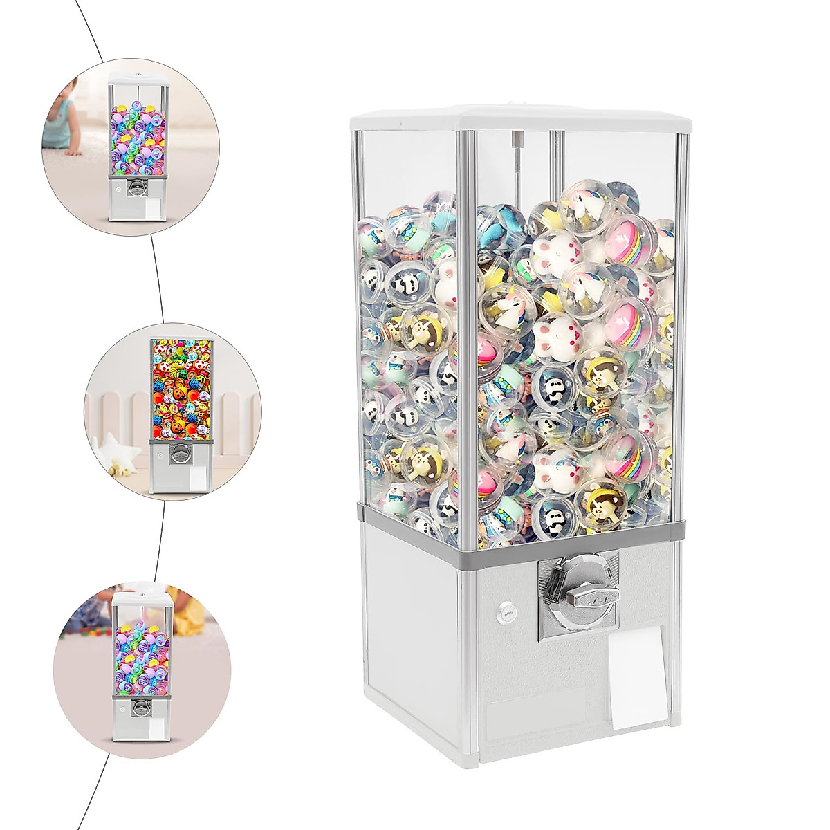 Silencear Vending Machine, 10.24”x10.24”x25.2” Commercial Gumball Vending Machine Gumball Bank Easy Installation Toy Vending Machine for Retail Stores, Amusement Parks, 25 Cents Only (White)
