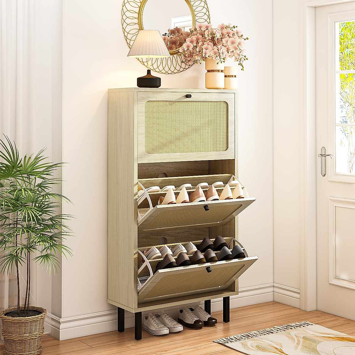 DKLGG Shoe Cabinet with 3 Flip Drawers, Rattan Entryway Shoe Storage Cabinet, Freestanding Wooden Shoe Rack Storage Cabinet with Metal Legs, Narrow Hidden Shoe Organizer for Entryway Hallway Mudroom