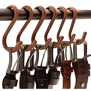 Brute Strength - S Shaped Hooks Wrapped in Full Grain Leather - 6 pcs - Cognac - Stainless Steel Metal Hangers Hanging Hooks for Kitchen - Leather Hooks - Leather s Hooks