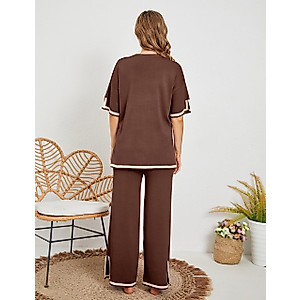 Tanming Sweater Sets Women 2 Piece Lounge Sets Short Sleeve Knit Pullover Tops Wide Leg Pants (Brown-M)
