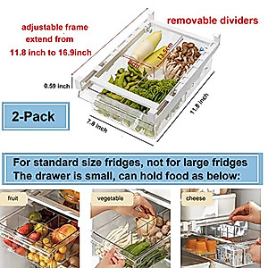 Yatmung Fridge Drawer organizer and storage clear box (with Removable Dividers), Adjustable fridge storage containers for Egg/Fruit/Vegetable/cheese, refrigerator organizer bins pull out drawer, 2-Pack