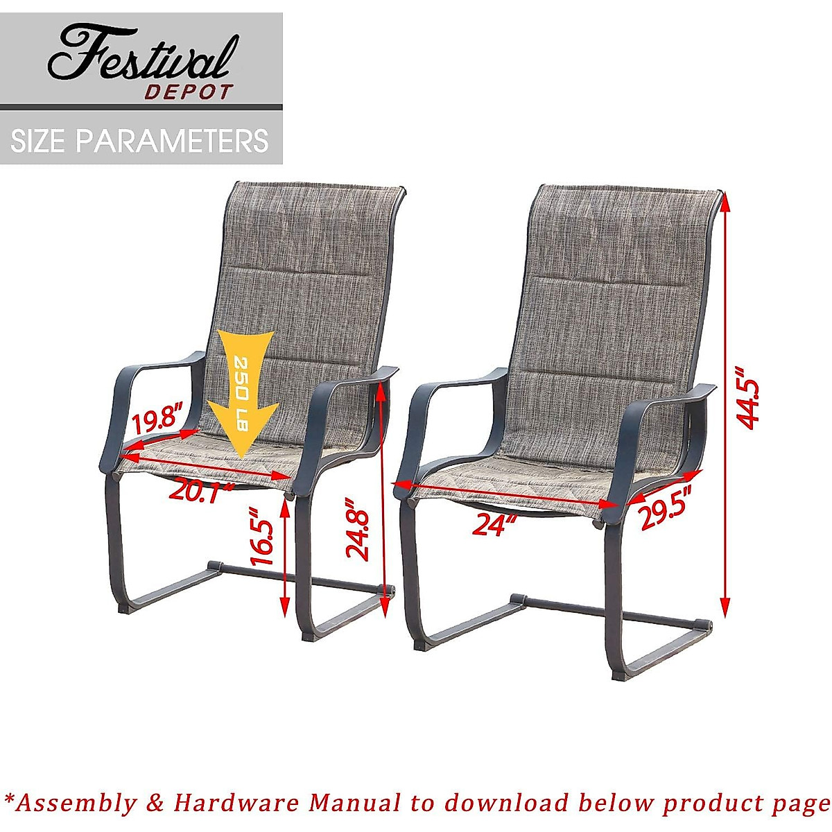 Festival Depot 2 Pieces Patio Chairs Spring Motion Textilene Weather Resistant Metal Outdoor Furniture for Lawn Garden Balcony Pool Backyard